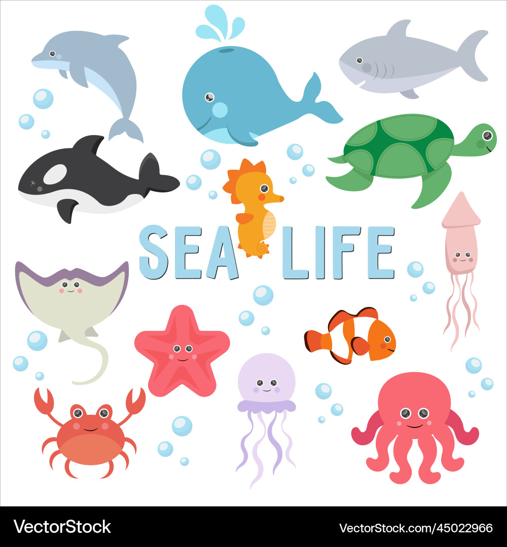 Clipart sea life set marine inhabitants Royalty Free Vector