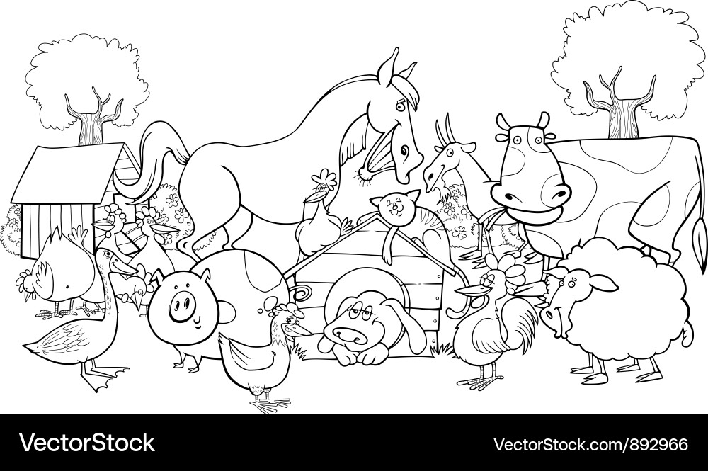 Cute Farm Animals Coloring Page Royalty Free Vector Image