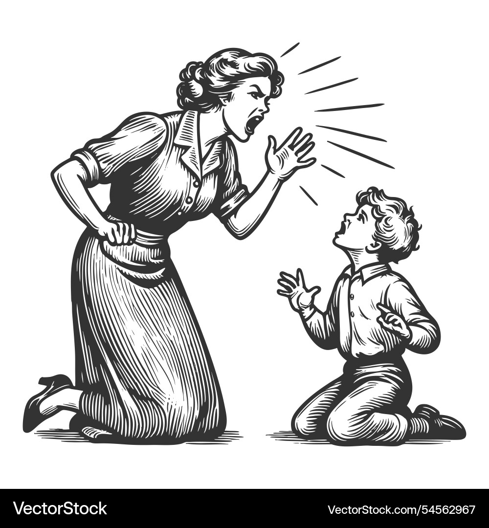 Angry mother scolding young son Royalty Free Vector Image
