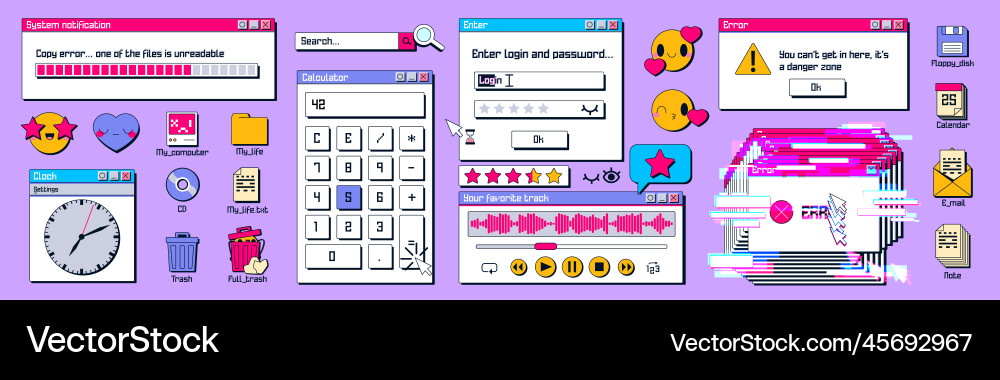 Old computer windows and icons set on background Vector Image