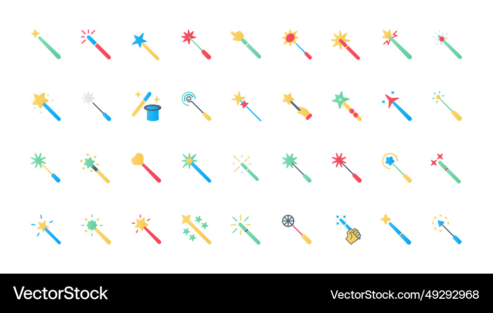 Magic wand flat icons set wizards hand and hat Vector Image