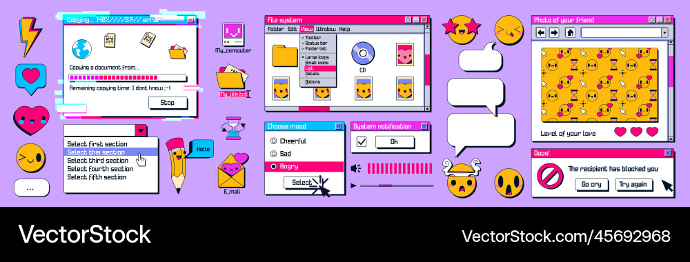 Retro computer screen interface windows frames Vector Image