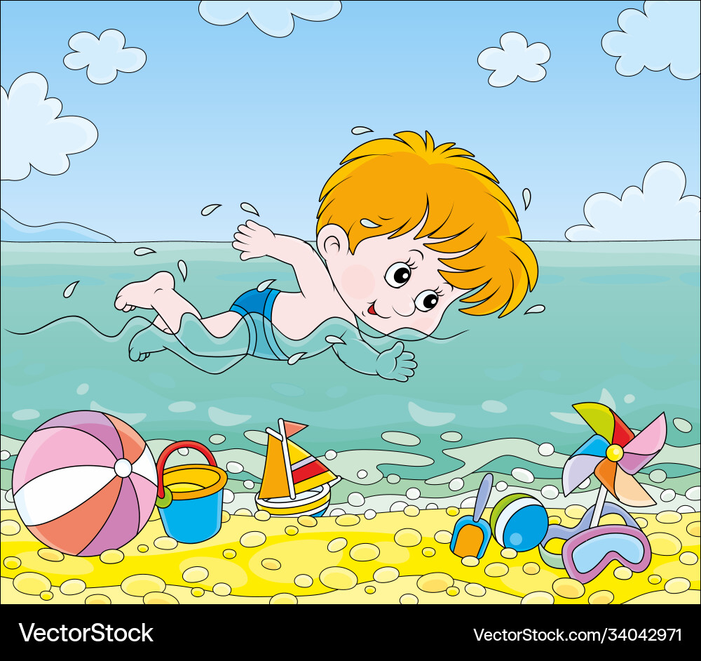 Boy swimming in water on a beach – Royalty-Free Vector | VectorStock