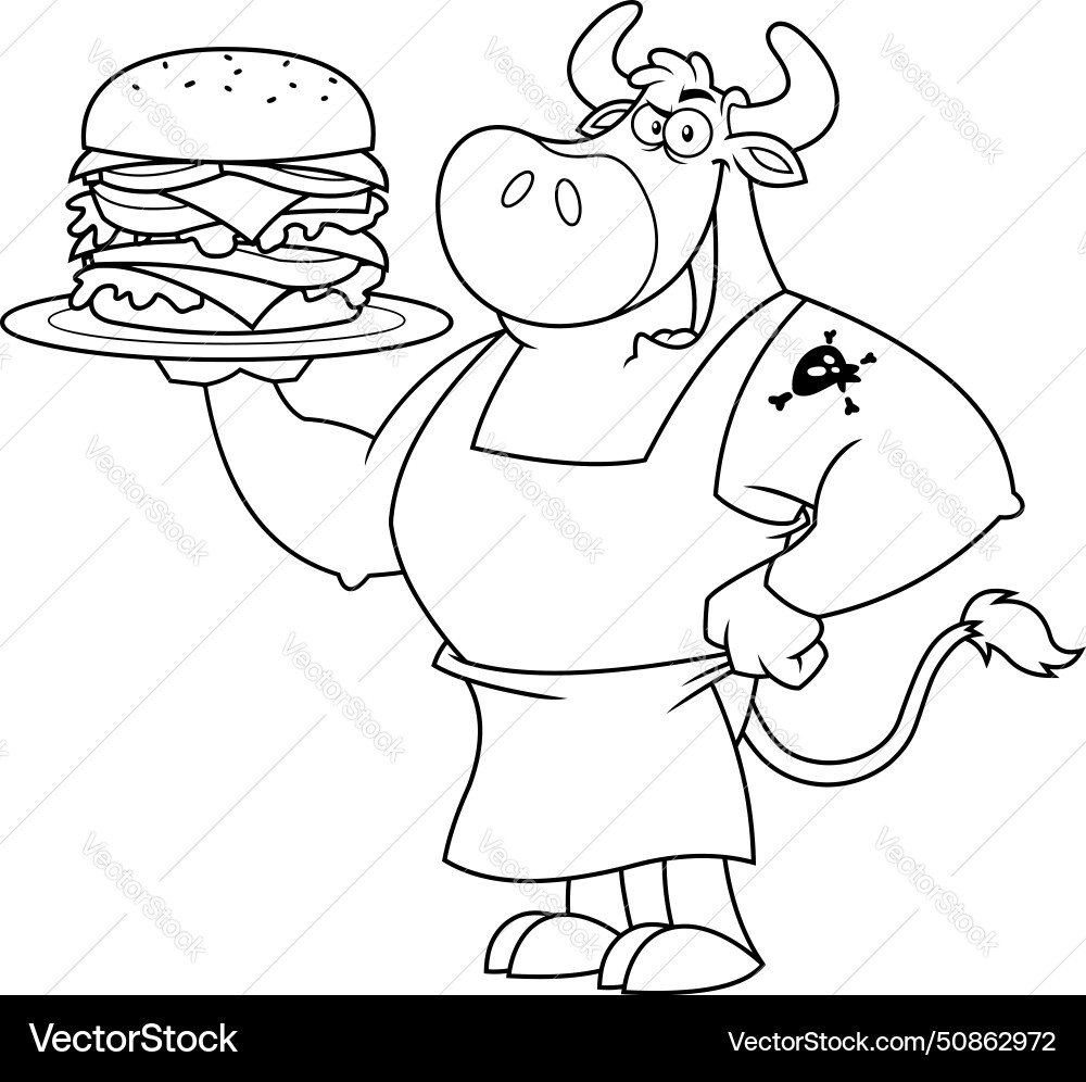 Outlined bull chef cartoon mascot character Vector Image