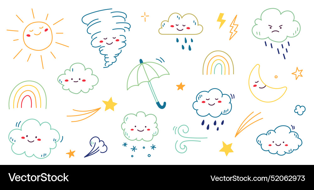 Cloud rain weather cartoon cute set cloud sun Vector Image Cloud rain weather cartoon cute set cloud sun Vector Image