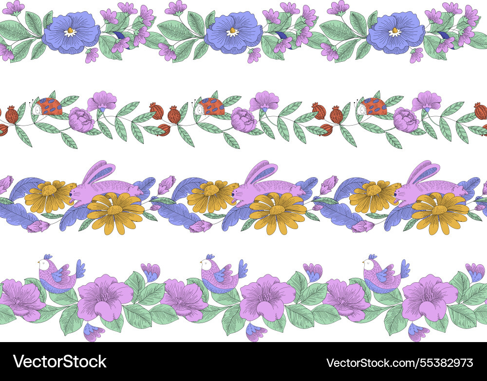 Hand drawn floral engraving seamless borders Vector Image
