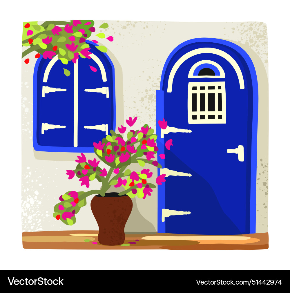 Greece white wall with blue window and door Vector Image