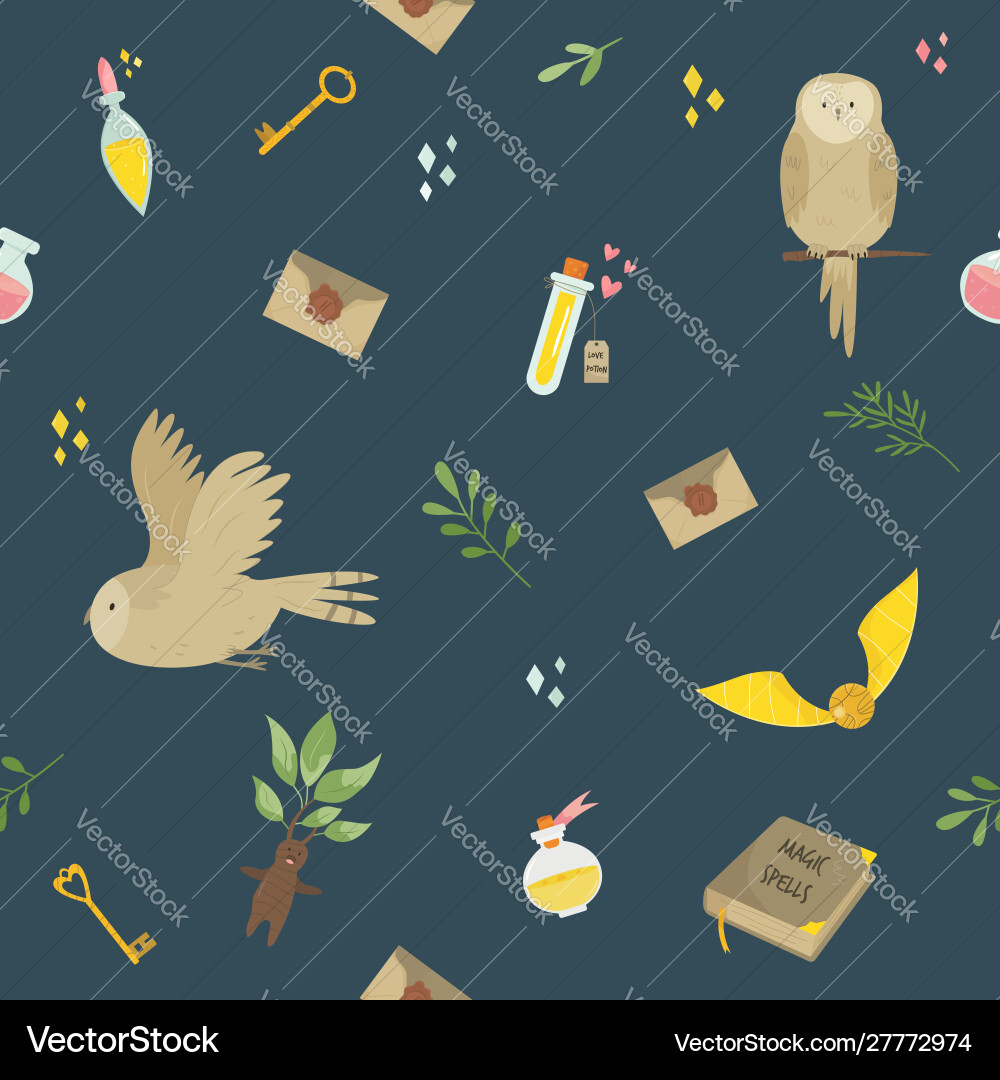 Seamless pattern with magic items tools and owls Vector Image