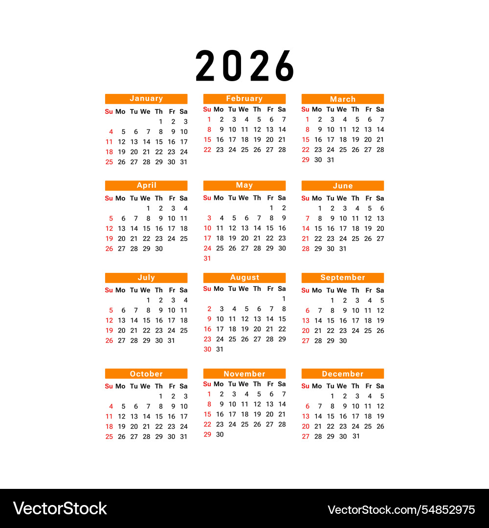 2026 calendar with 12-month sheet design week Vector Image