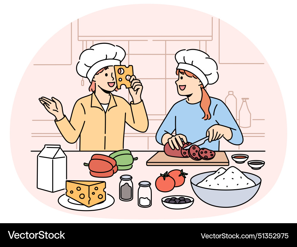 Smiling children cooking at home kitchen Vector Image