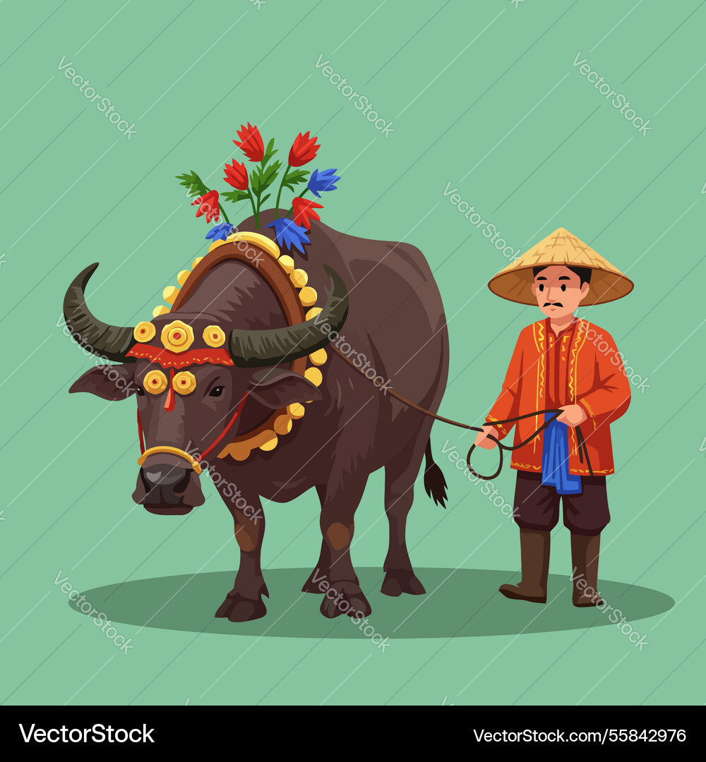 Cartoon farmer leading decorated carabao Vector Image