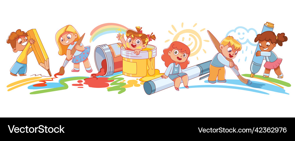 Children draw together using art supplies Vector Image