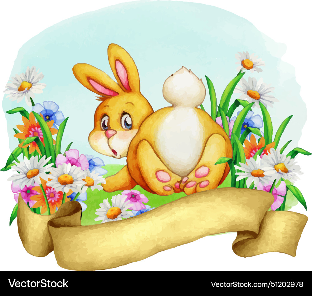 Cute bunny among the flowers Royalty Free Vector Image