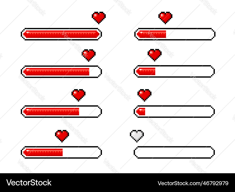 Pixel heart loading bars 8 bit video game icons Vector Image