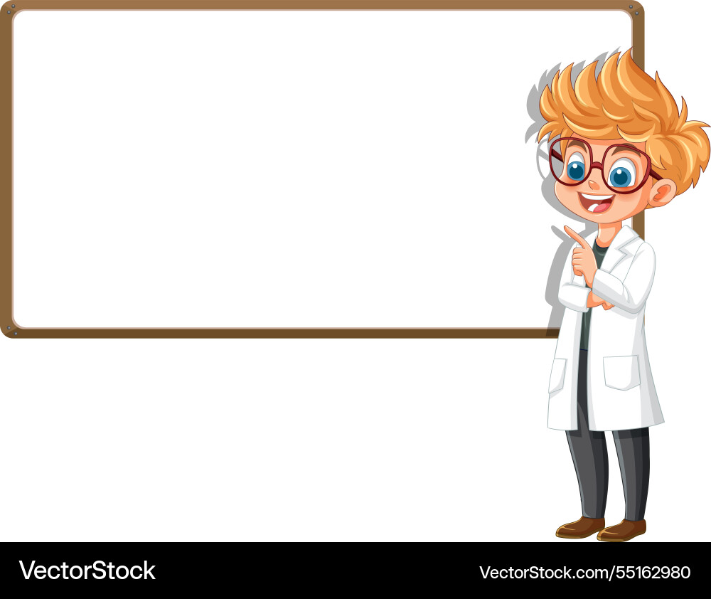 Cartoon scientist pointing at a blank whiteboard Vector Image