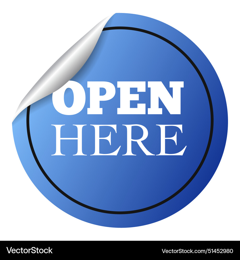 Open here sticker circle shape blue color Vector Image