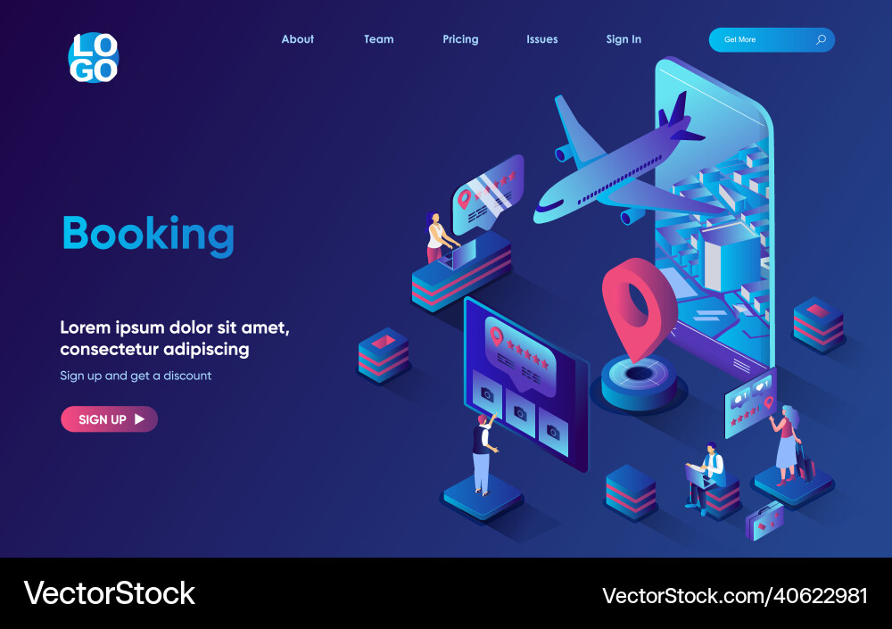 Booking concept isometric landing page Royalty Free Vector