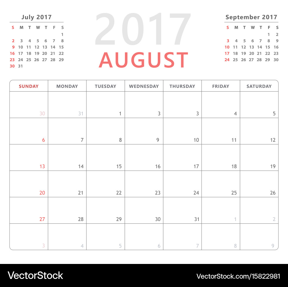 Calendar planner 2017 august week starts sunday Vector Image