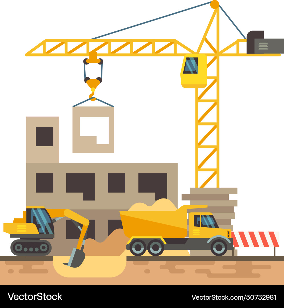 Construction site scene cartoon house building Vector Image