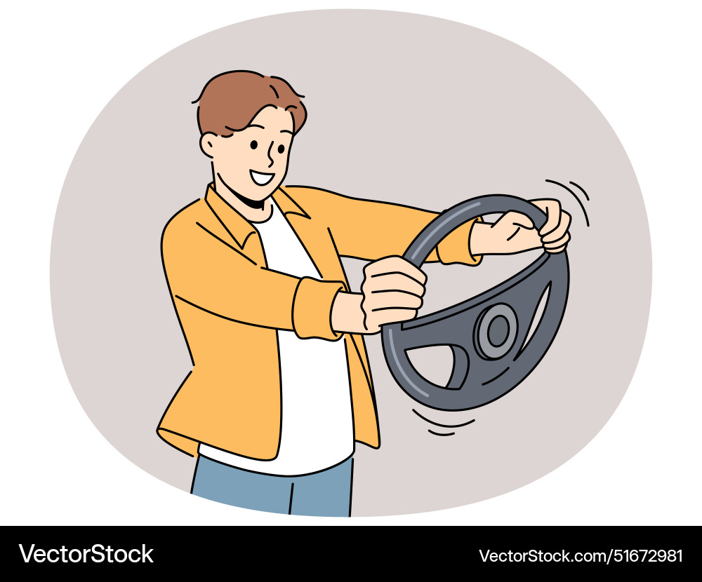 Smiling man with steering wheel in hands Vector Image