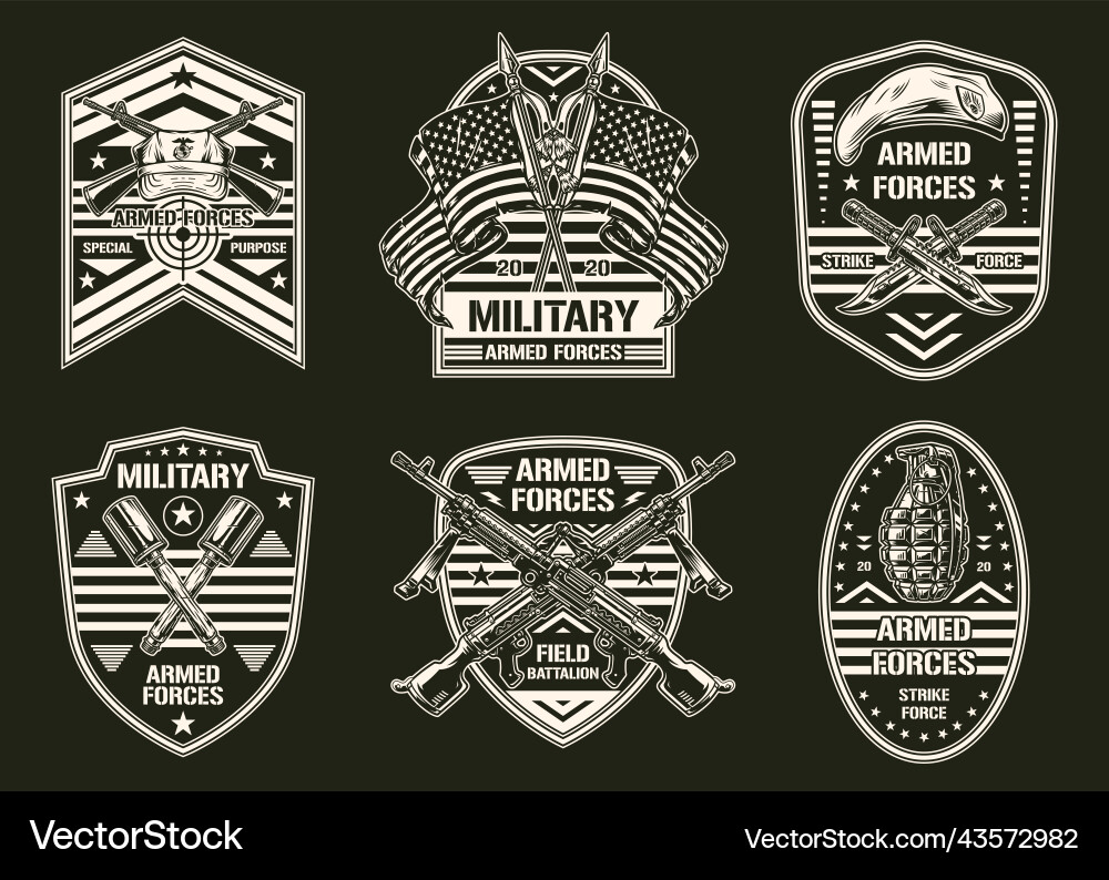 Armed forces set monochrome label Royalty Free Vector Image