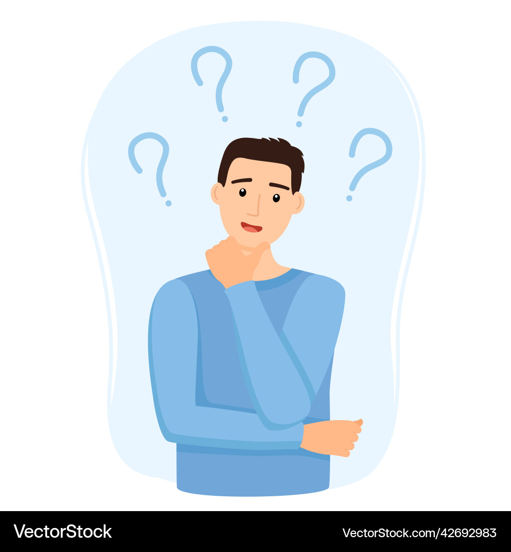 Thinking man with question marks Royalty Free Vector Image