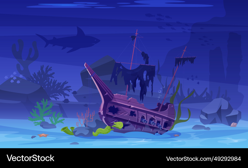 Sunken pirate ship on sea or ocean bottom Vector Image