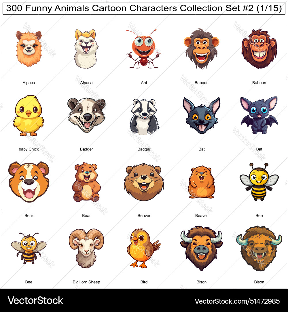 300 funny animals cartoon characters collection Vector Image