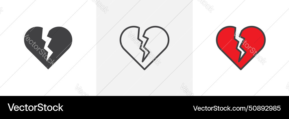 Broken heart icon set with crack symbol Royalty Free Vector