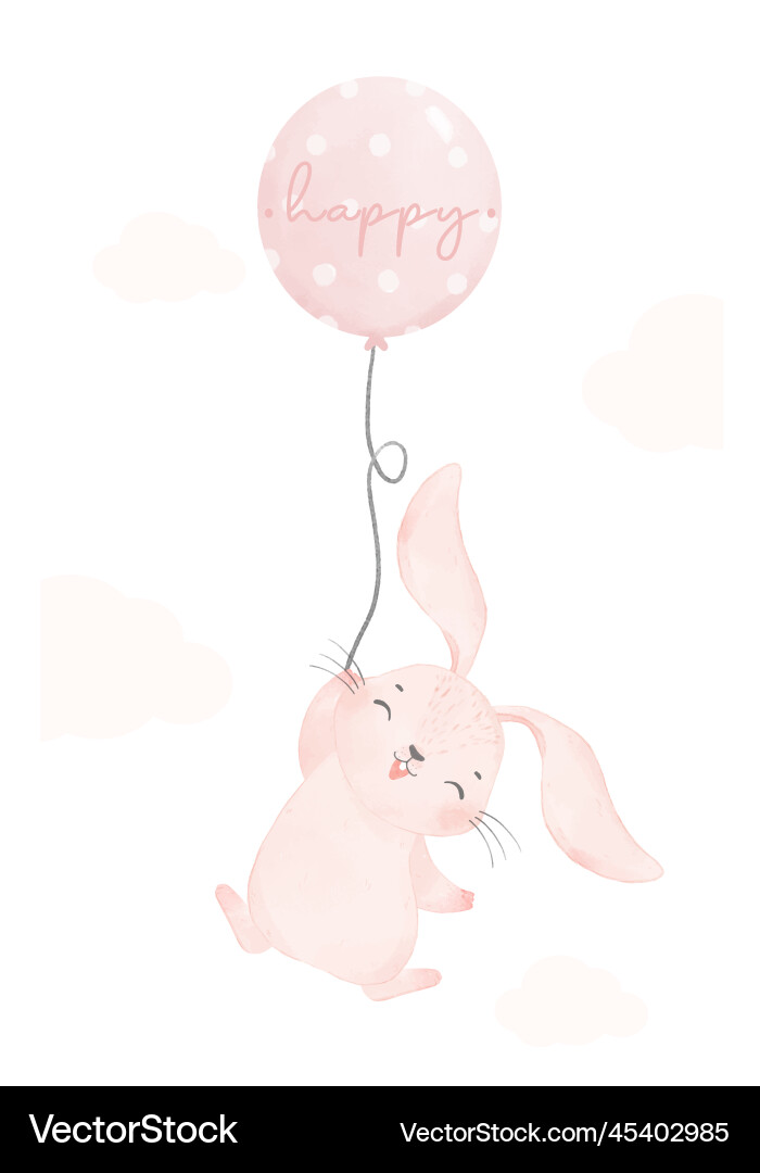 Cute happy smile bunny rabbit flying with pink Vector Image
