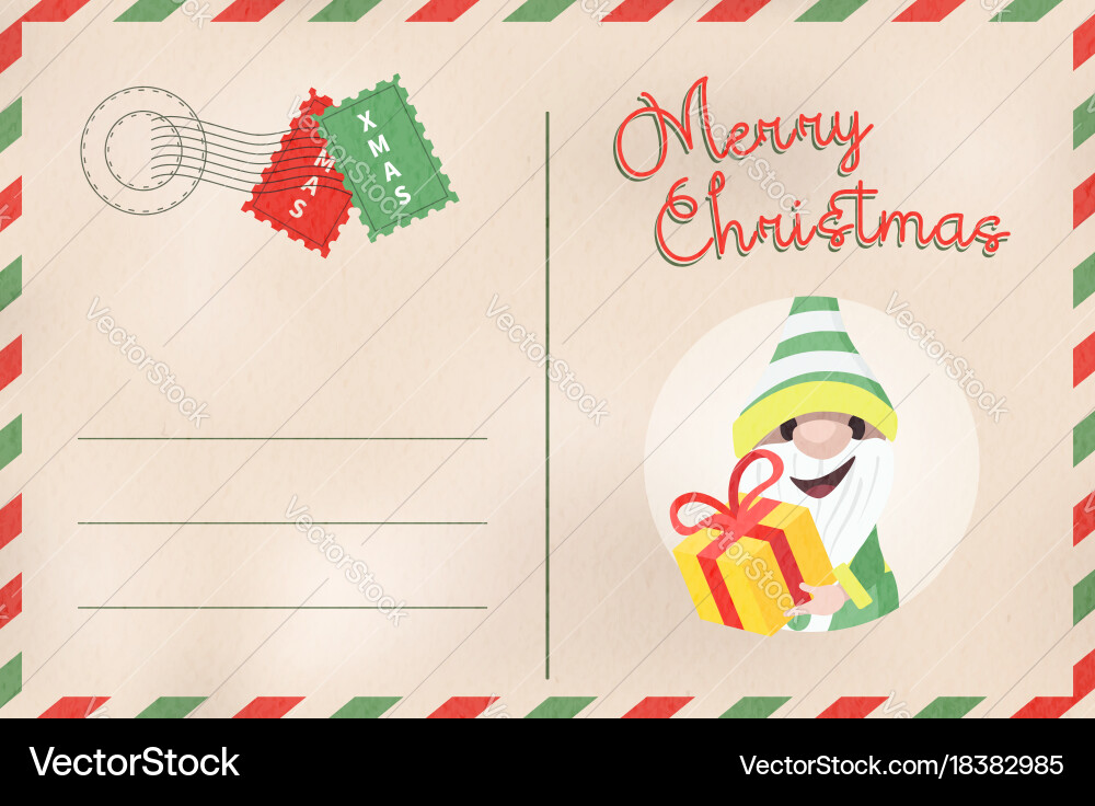 Retro Christmas Postcard with Elf Royalty Free Vector Image