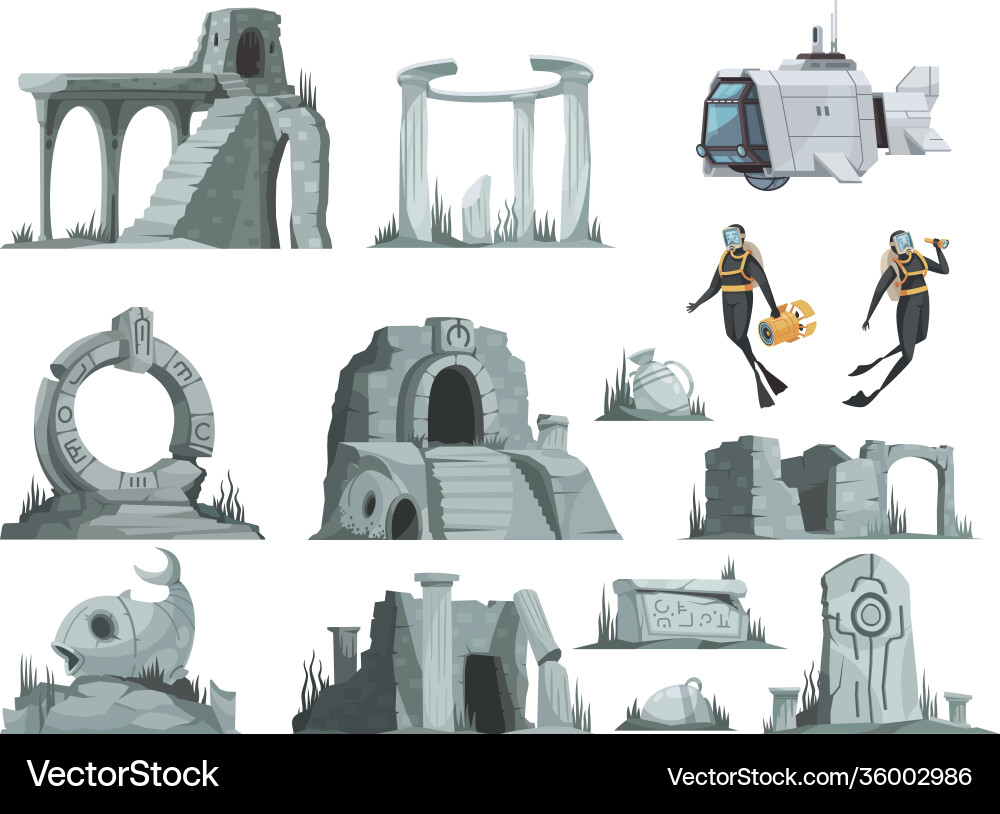 Atlantis ruins cartoon set Royalty Free Vector Image