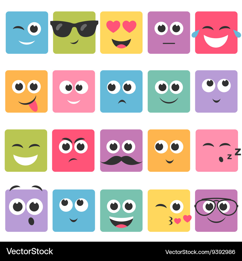 Emotional square colorful faces icon set Vector Image