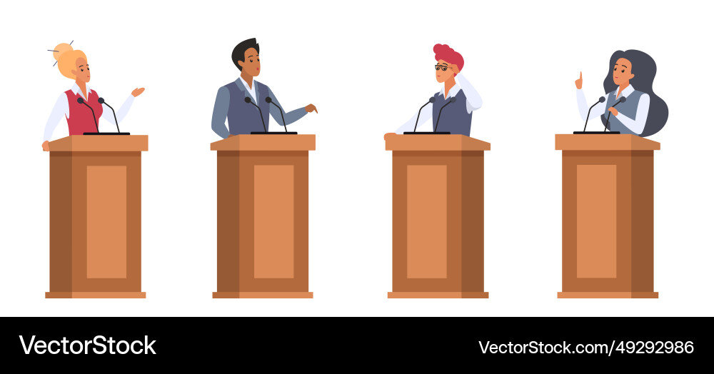 Speakers speaking behind podiums with microphones Vector Image