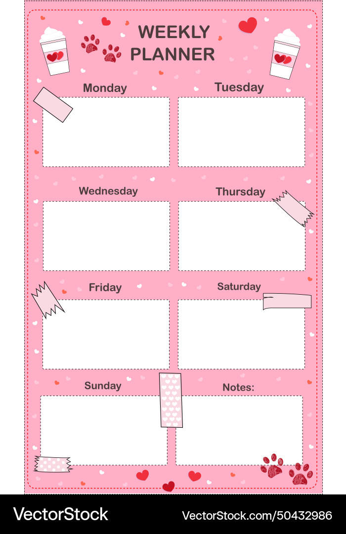 Weekly planner with paw prints vertical design Vector Image