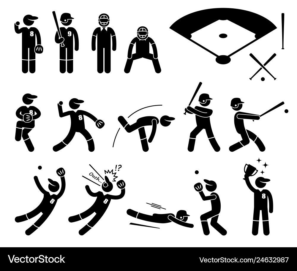 Baseball player actions poses stick figure Vector Image