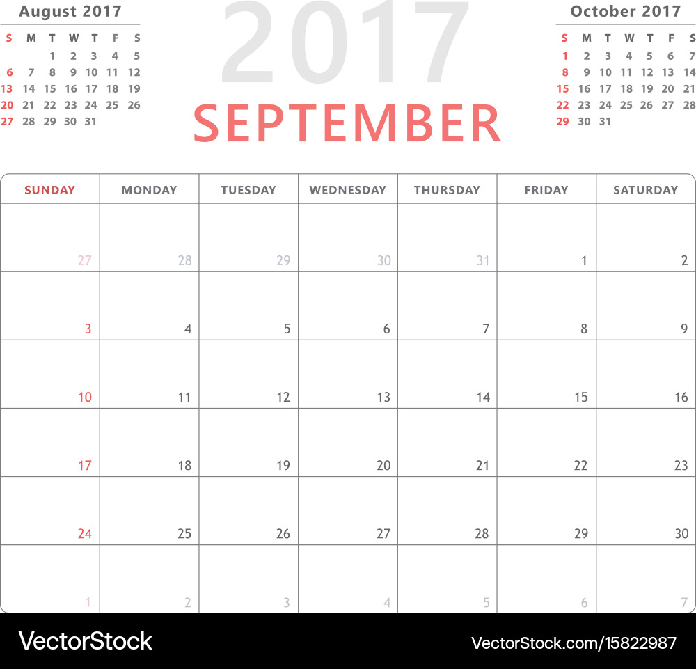 Calendar planner 2017 september week starts Vector Image