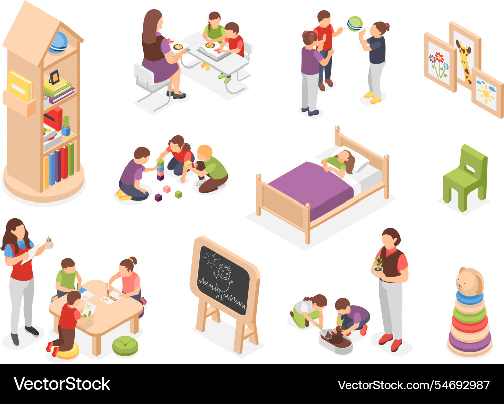 Isometric kindergarten children play studying Vector Image