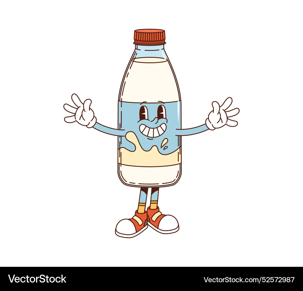 Milk bottle retro groovy breakfast character Vector Image