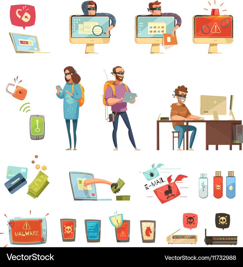 Hackers activities retro cartoon icons set Vector Image