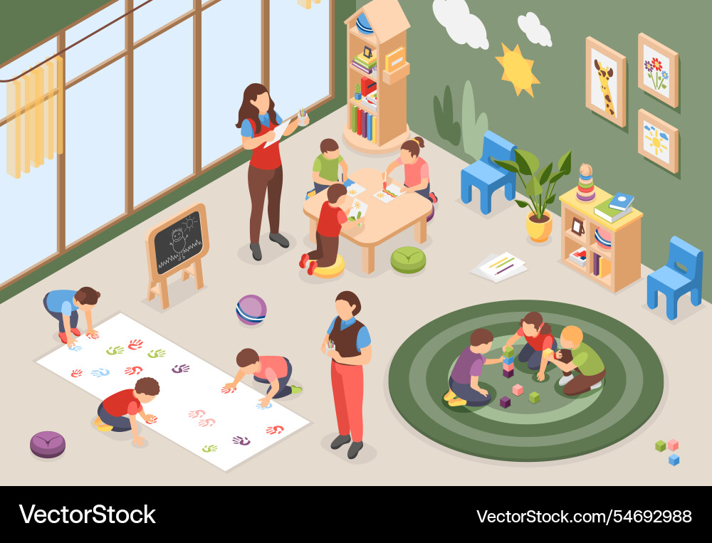 Isometric children in playroom playtime Royalty Free Vector