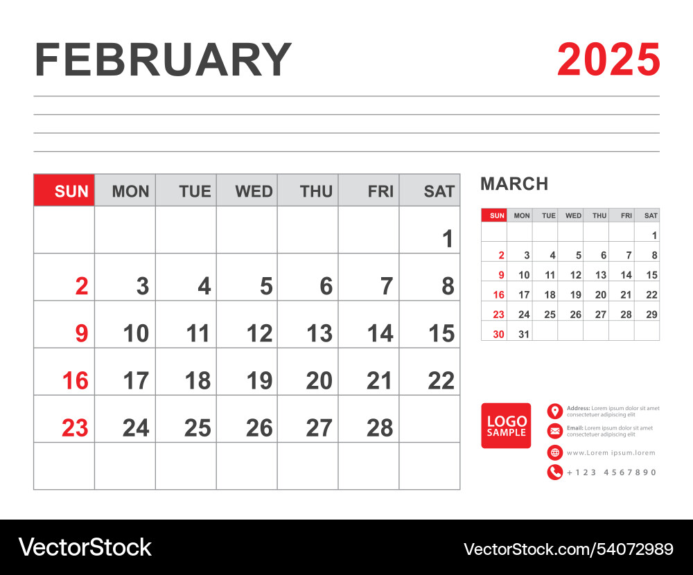 February 2025 layout calendar template Royalty Free Vector