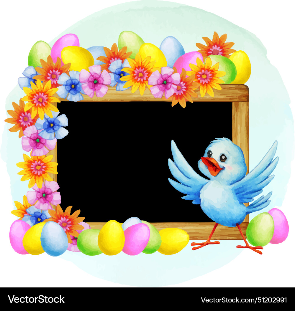 Cute little bird and easter decorated blackboard Vector Image