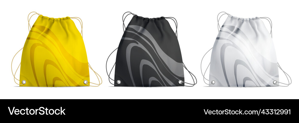 Three realistic drawstring bags with print Vector Image