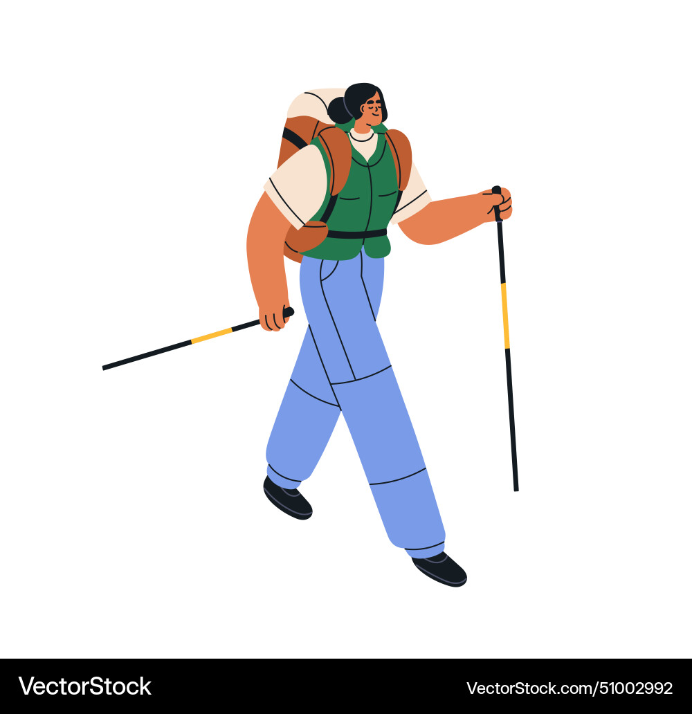 Woman hiker trekking with backpack and walking Vector Image