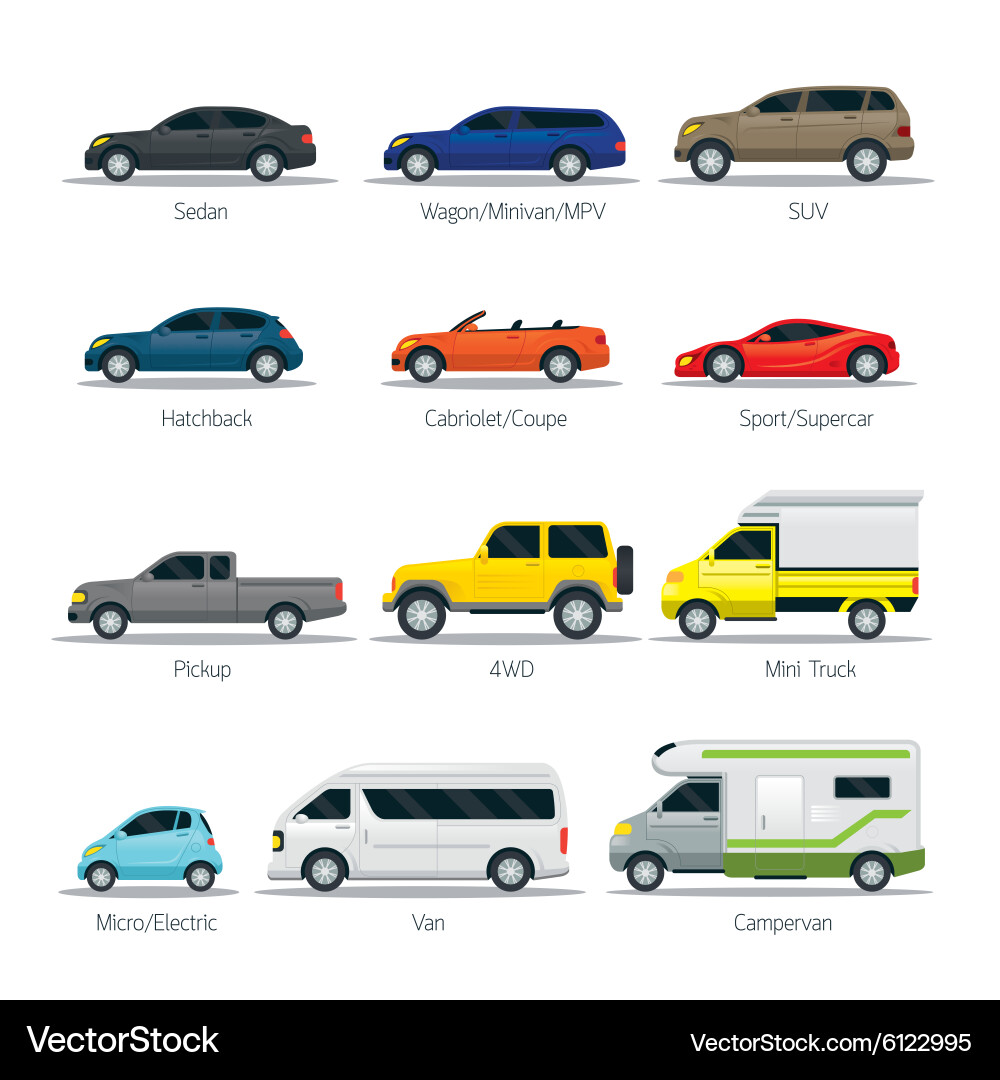 Car type and model objects icons set Royalty Free Vector