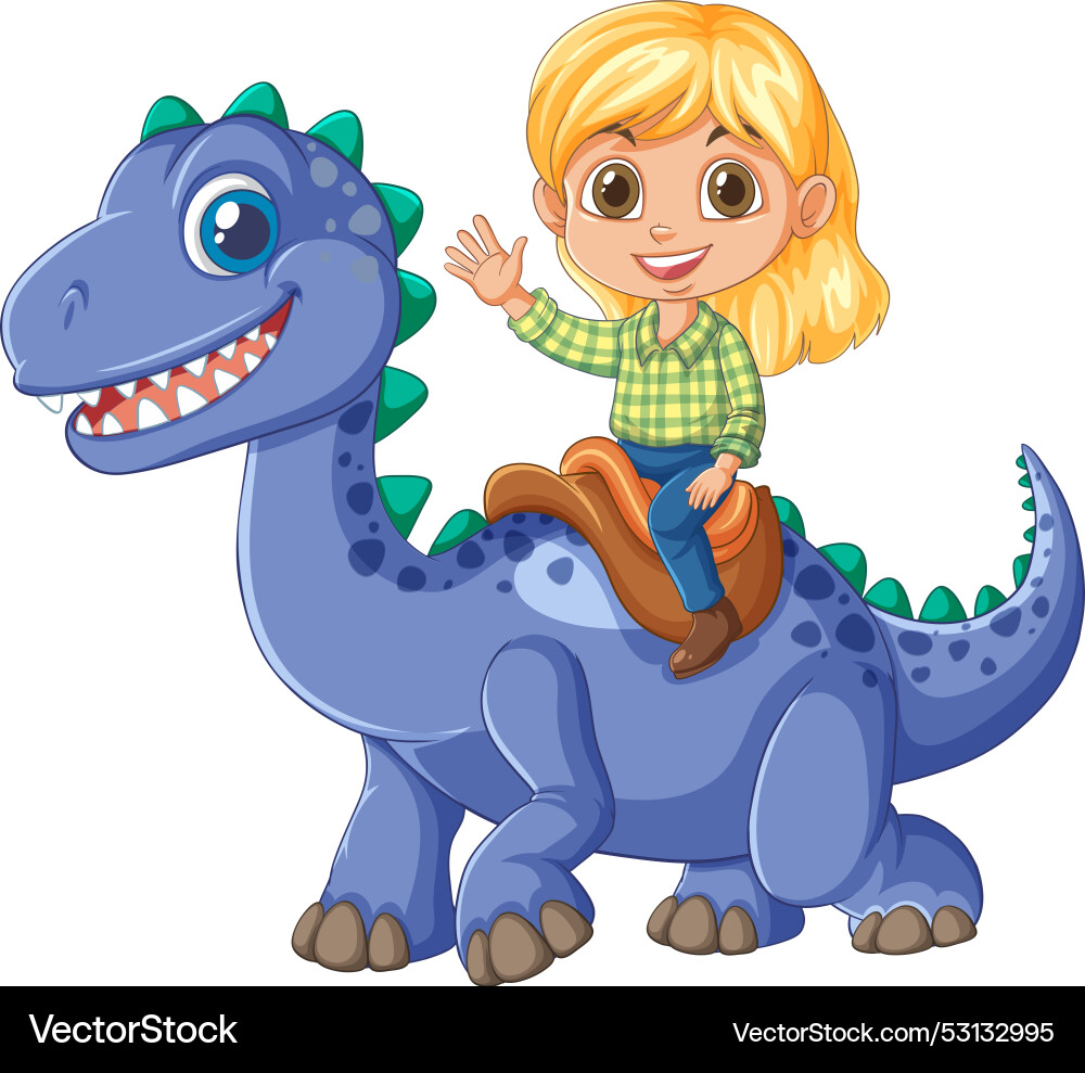 Child happily riding a blue dinosaur Royalty Free Vector