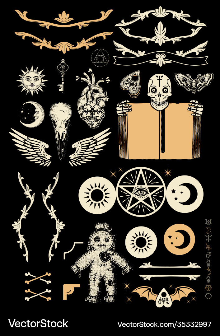 Occultism set with pentagram voodoo doll human Vector Image