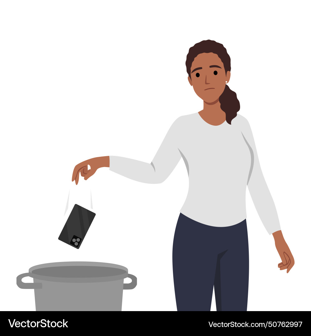 Woman throws mobile phone into the trash Vector Image