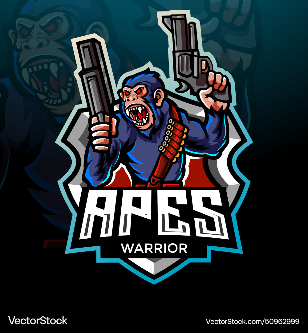 Ape warrior esport logo mascot design Royalty Free Vector